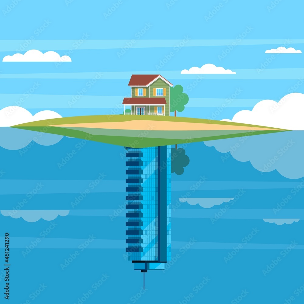 Alternative housing. Cottage or skyscraper. Landscape with small suburb ...