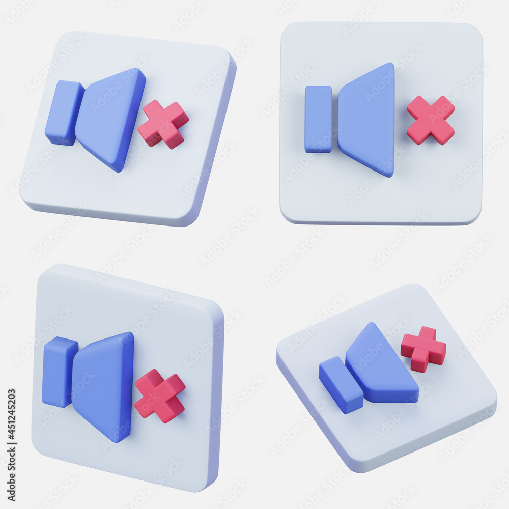Set of 3D rendering mute icon interface symbol isolated on white ...