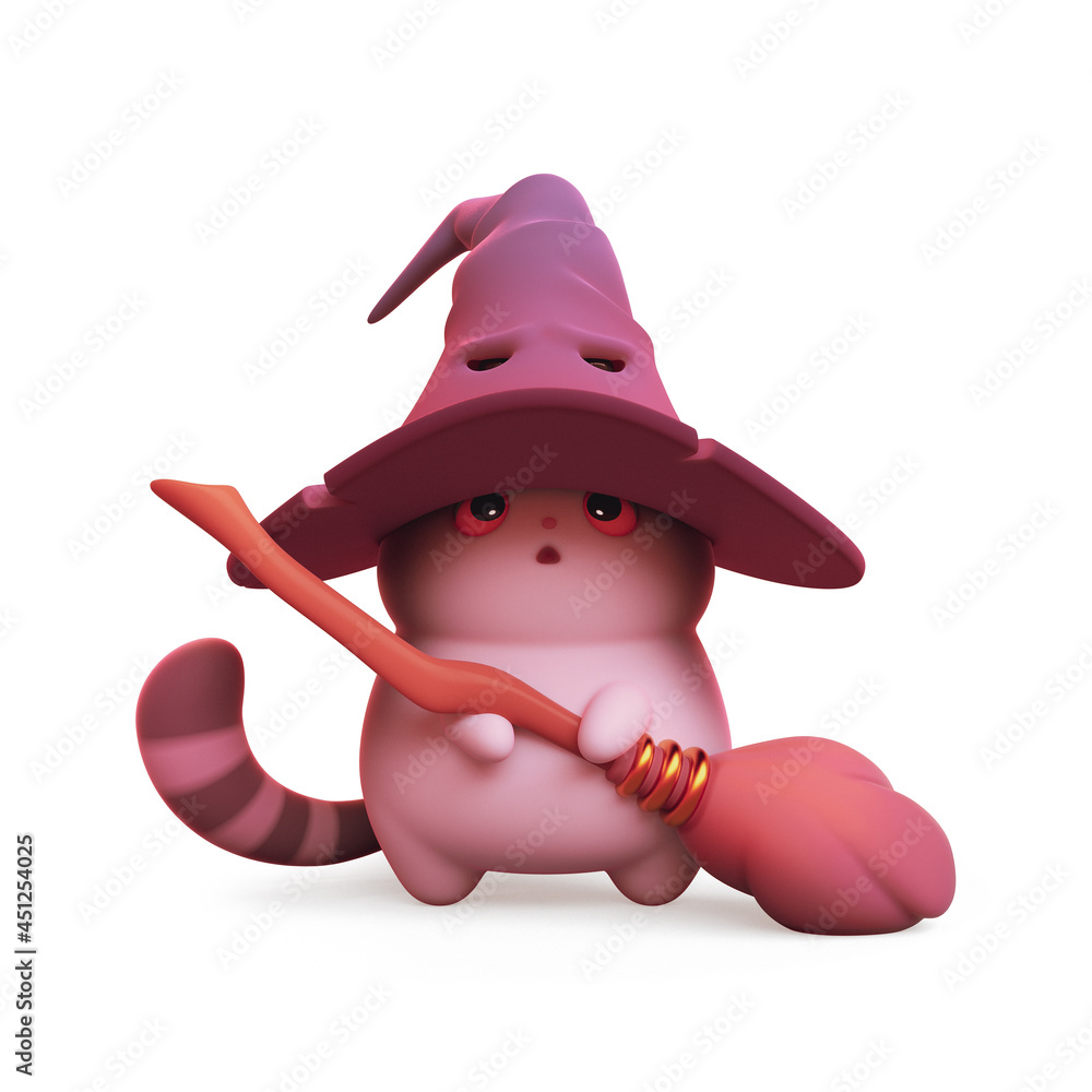 Surprised kawaii wizard cat in big witch's purple hat with a broom in ...