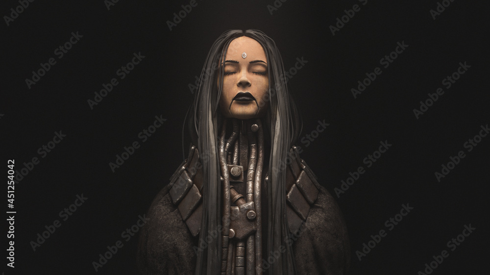 Portrait of cyborg girl with long black hair, closed eyes, metal grunge ...