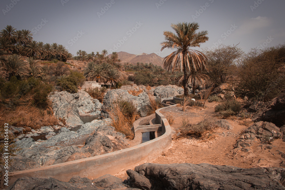 Wadi Al Hoqain village with Date palms in rustaq, oman. Stock Photo ...