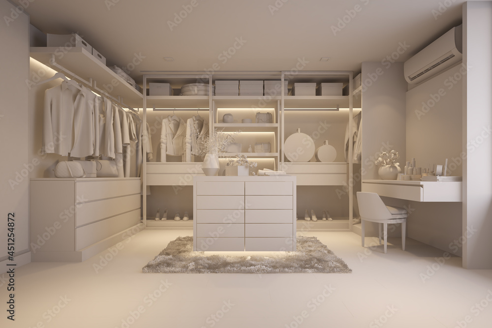 White walk in closet room at home with island and carpet, 3d rendering ...