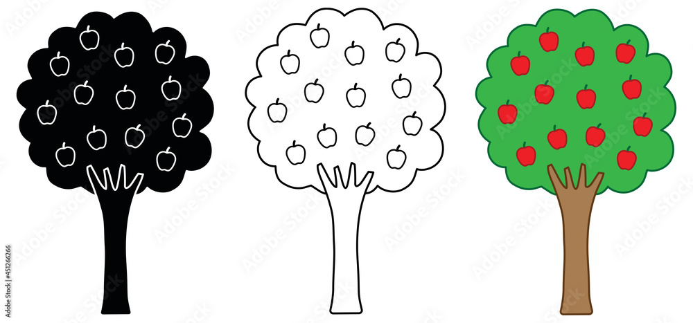 Apple Tree Clipart Set - Outline, Colored and Silhouette Stock Vector ...