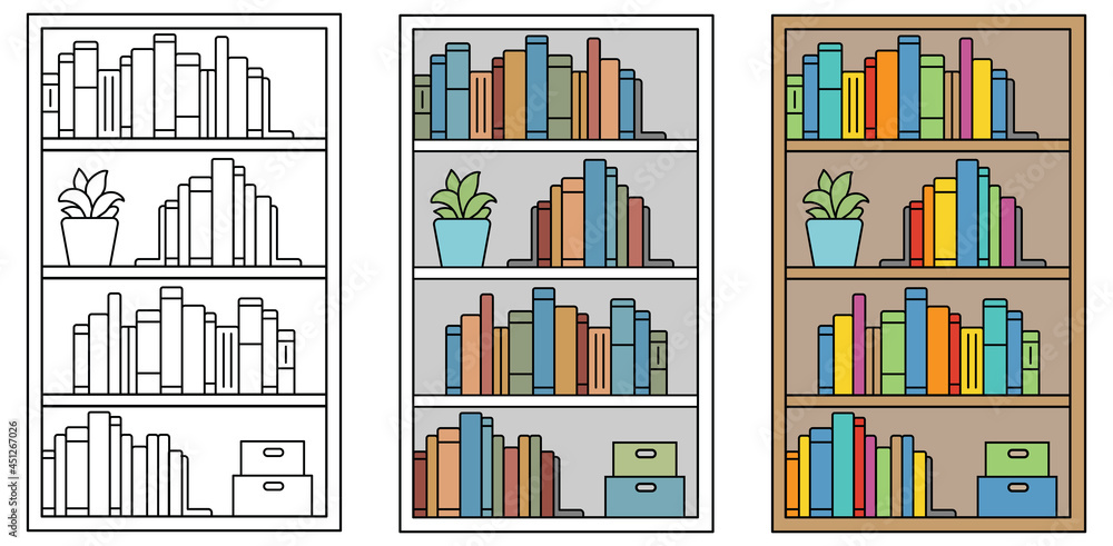 Filled Bookshelf Clipart Set - Outline and Colored Stock Vector | Adobe ...