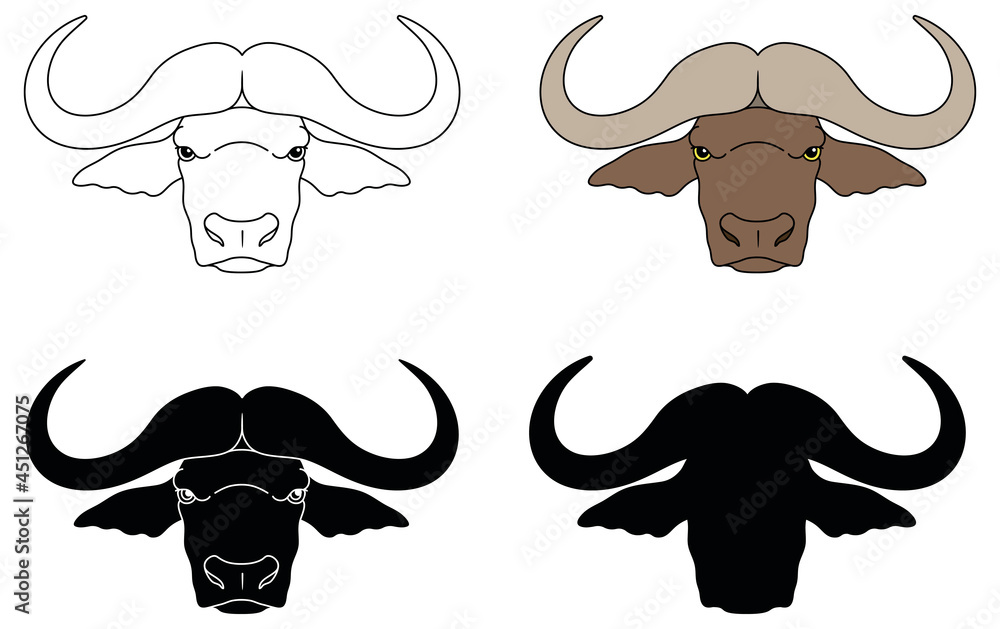African Buffalo Head and Horns Clipart Set - Outline, Silhouette and ...