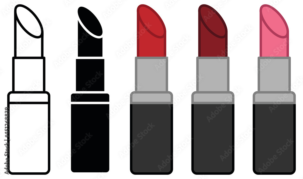 Red and Pink Lipstick Clipart Set - Outline, Silhouette and Color Stock ...
