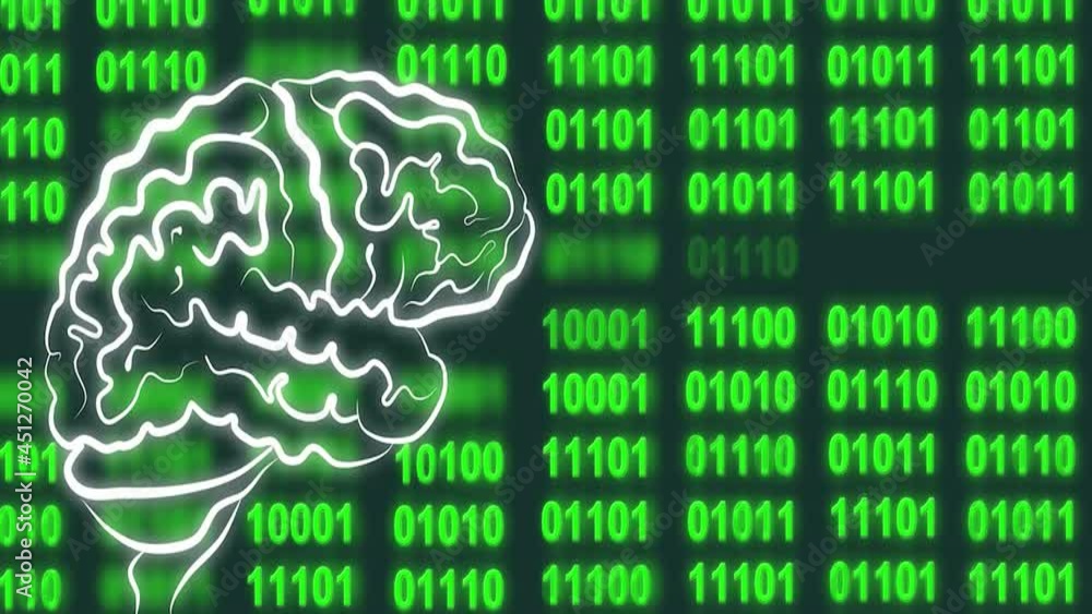 digital computer green binary matrix code and a schematic human brain picture Artificial ...