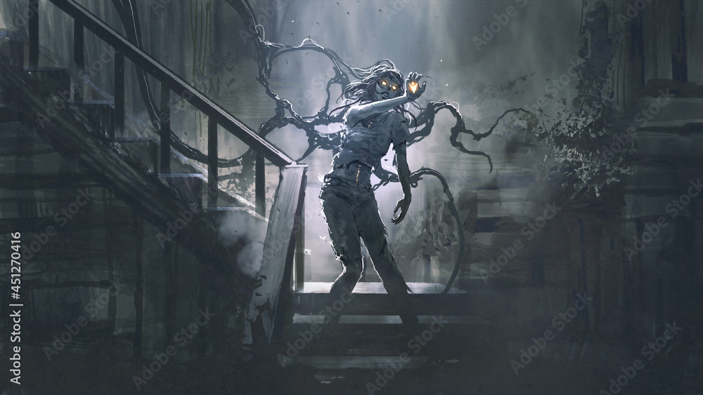 female zombie standing on stairs in abandoned house, digital art style ...