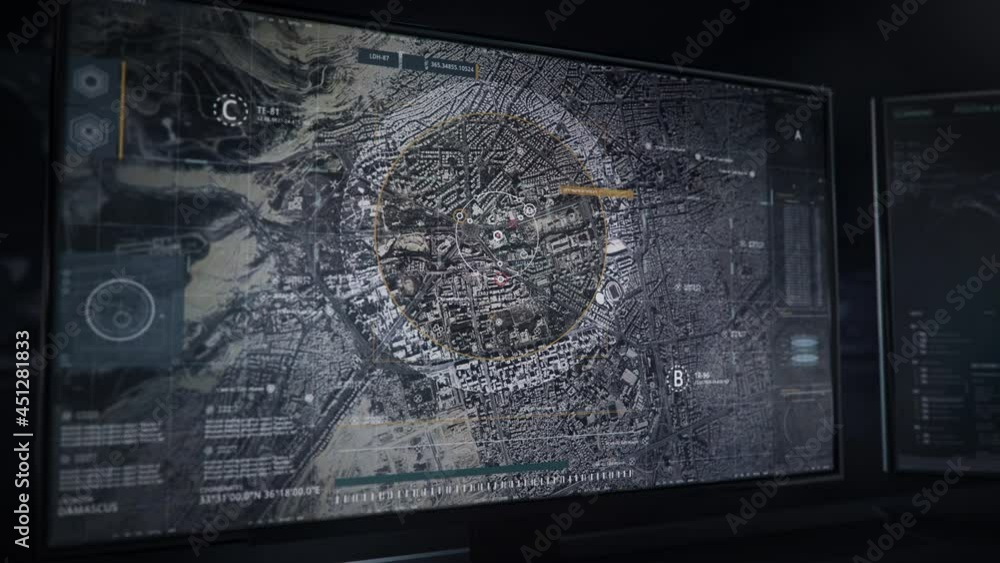 Artificial Intelligence Scanning Detailed Map Of City. Zooming In To ...