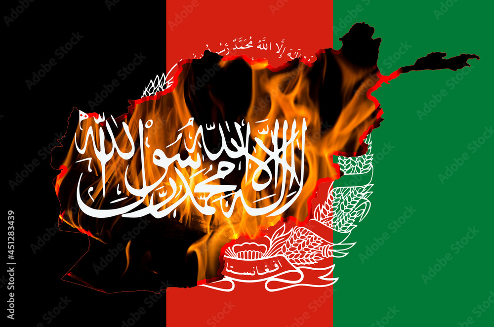 Afghanistan flag, Taliban insignia and country outline map with burning ...
