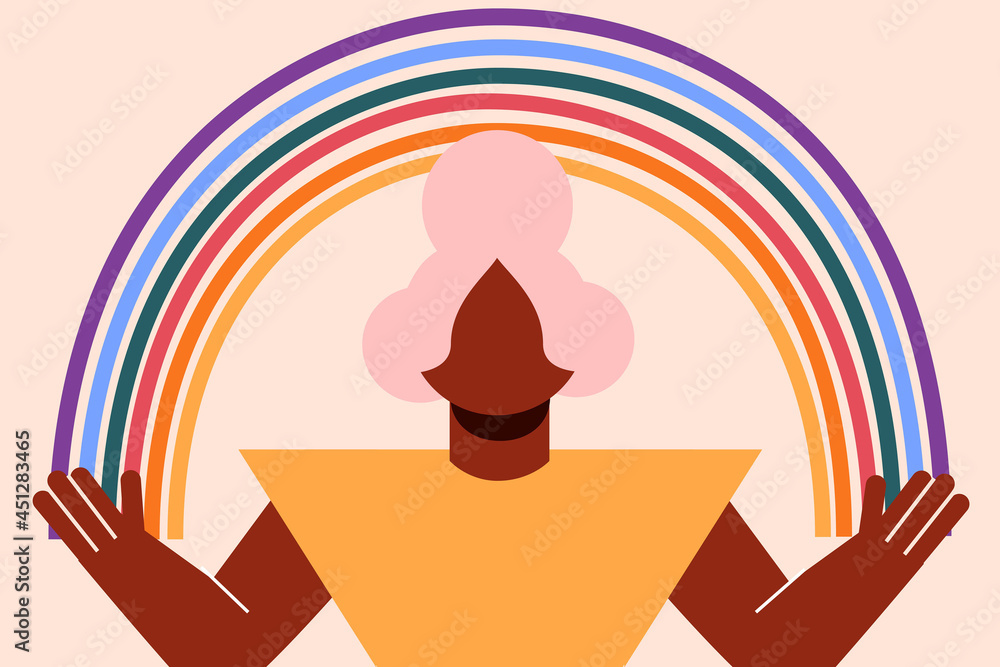 Dark-skinned woman, person under a rainbow. Gay, lesbian, sexuality ...