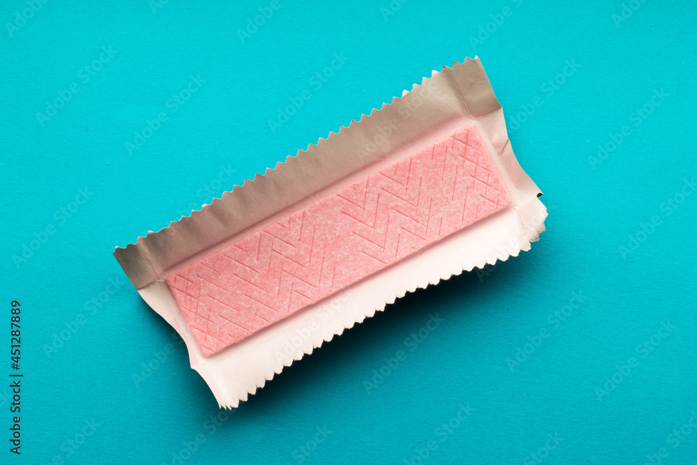 Pink chewing gum plate unfolded from the foil package Stock Photo ...