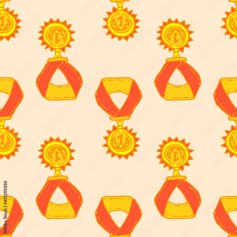 Vector pattern of a gold medal on a red ribbon. Seamless pattern of a ...