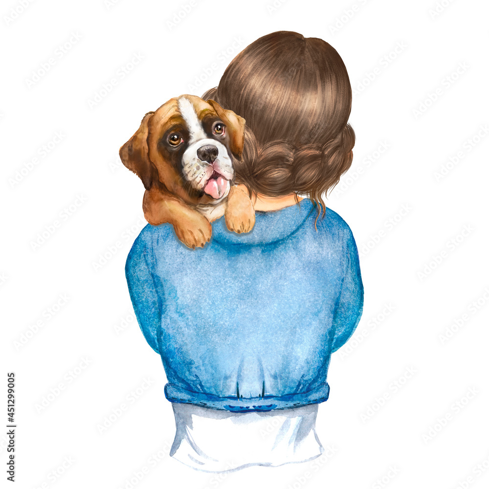 Watercolor illustration of a girl with a boxer puppy, boxer dog, woman ...