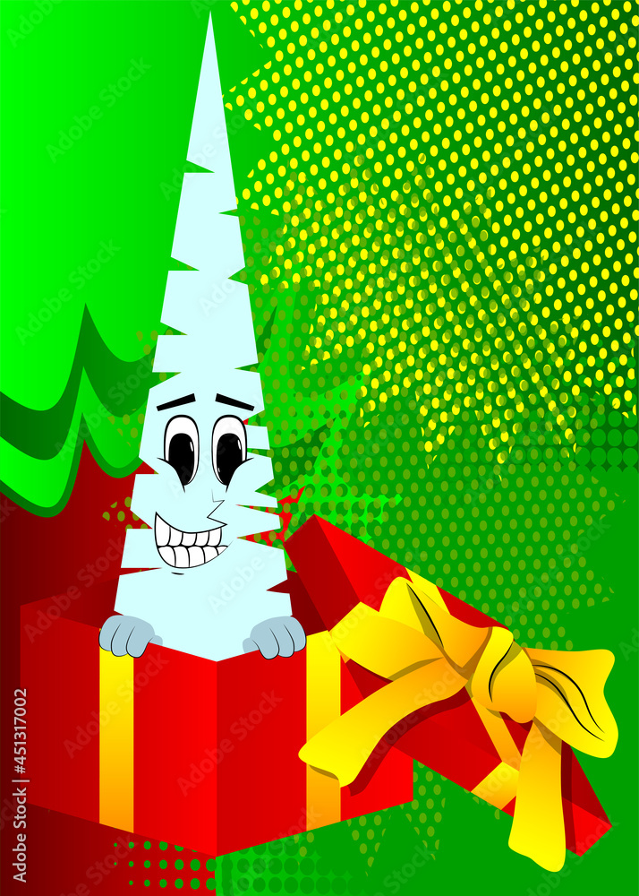 Cartoon winter pine trees with faces in a gift box. Cute forest trees ...