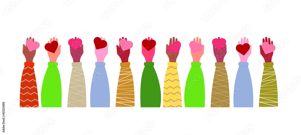 Many different hands, different people and nationalities, races, hold ...