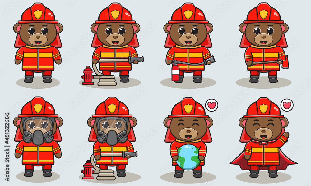 Vector illustration of Baer firefighters set. Fire fighter profession ...