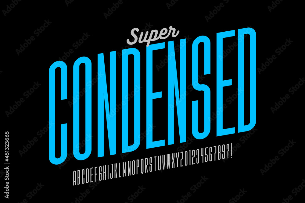 Super condensed style font design, tall alphabet, letters and numbers ...