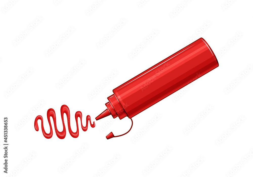 Ketchup is squeezed out of the bottle. Tomato sauce seasoning on a ...