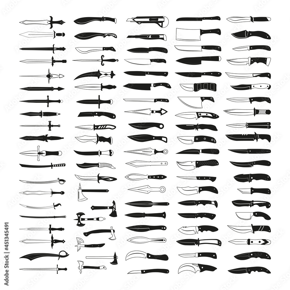 Collection of black silhouettes of steel arms and knives. Icons for ...