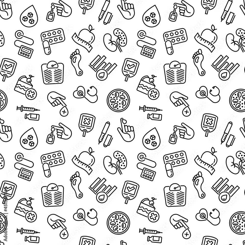 Diabetes seamless pattern with thin line icons: blood test, glucometer ...
