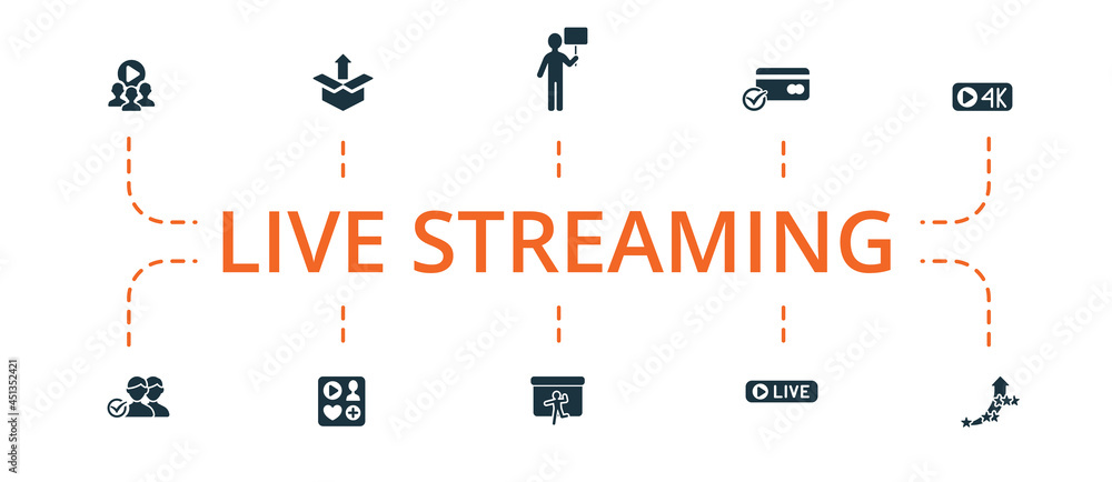 Live Streaming icon set. Contains editable icons theme such as unboxing ...