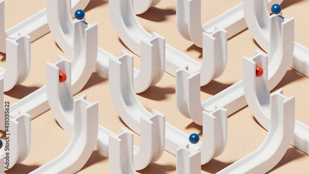 ภาพประกอบสต็อก 3d render of balls rolling inside the pathway. An ...
