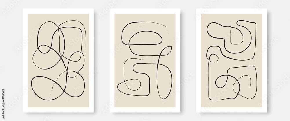 Abstract Geometric Wall Art. Neutral Color Poster Set with Line Organic ...