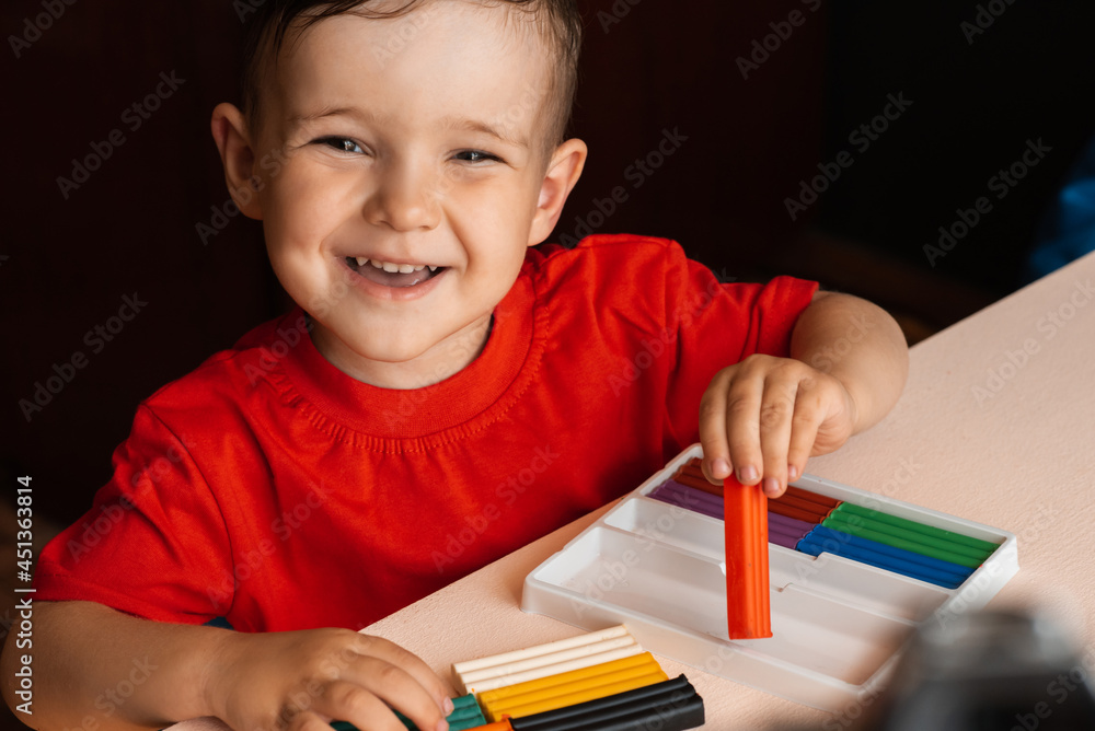 child boy sculpts figures from multi-colored plasticine sitting at a ...