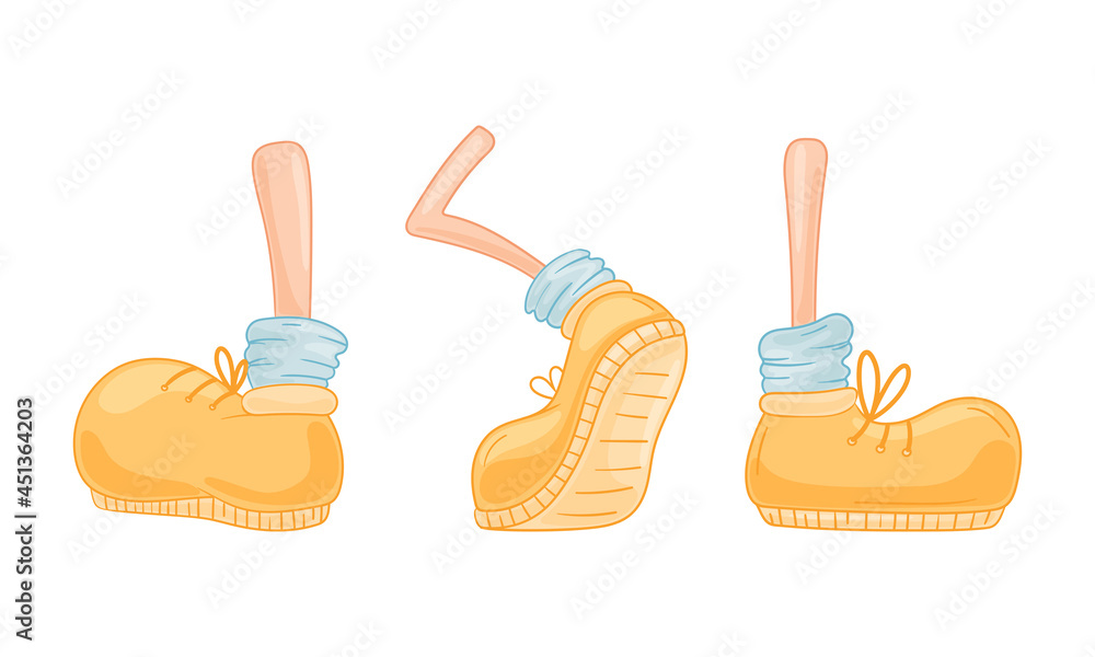 Cute comic foot in shoes set. Funny legs walking, running, and standing ...