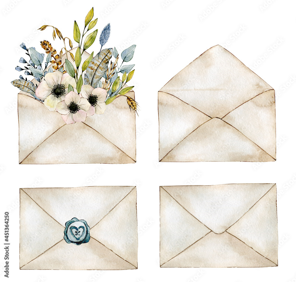 Watercolor illustration set with craft envelopes. hand drawn clipart ...