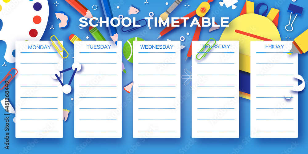 School Weekly Timetable. School Equipment on every day. Kids Schedule ...