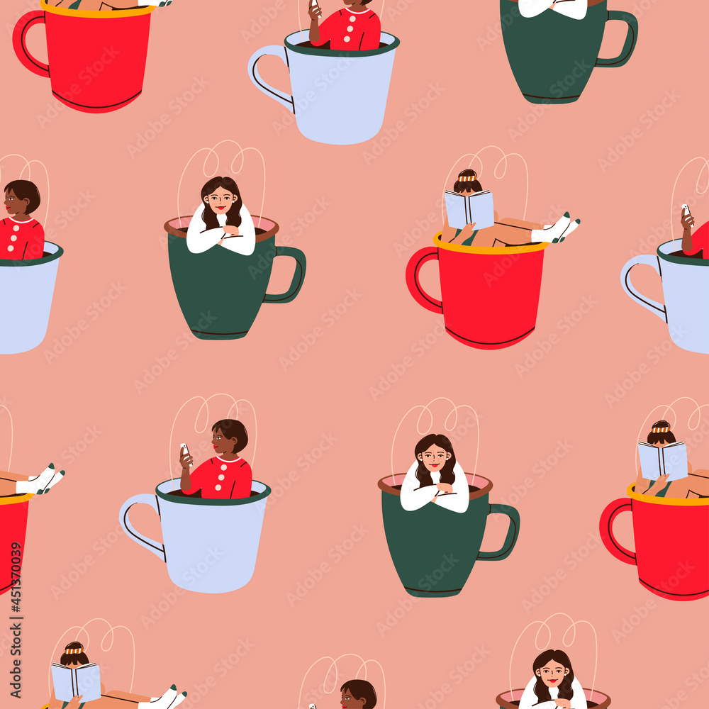 Set of Cute girls sitting in the giant Cups. Funny characters. Hand ...