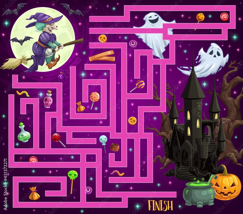 Child find path halloween maze with monsters and candy. Children vector ...