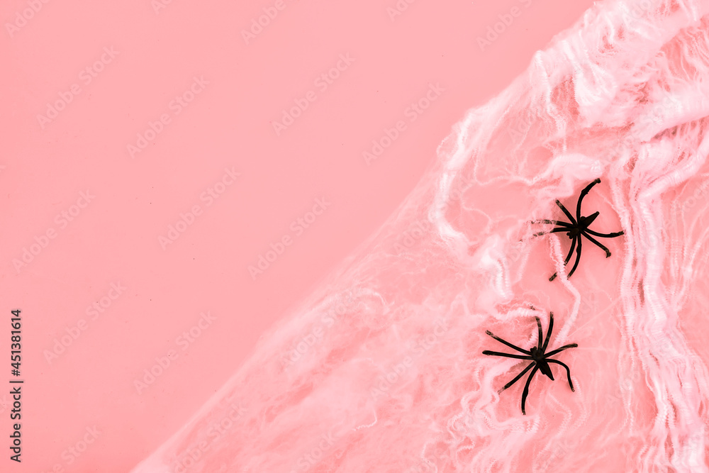 Pink Halloween background with realistic spiders Stock Photo | Adobe Stock