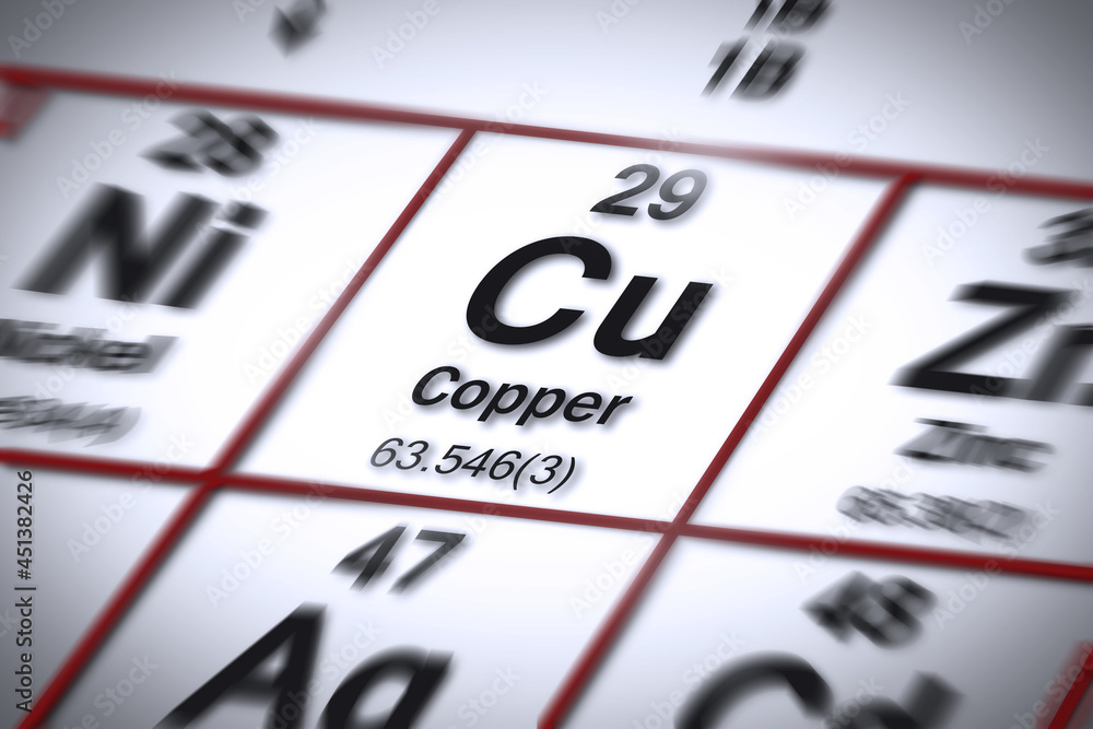 Focus on Copper chemical element - concept image with the Mendeleev ...