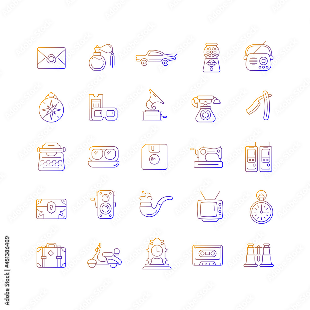 Vintage style gradient linear vector icons set. Collecting items with ...