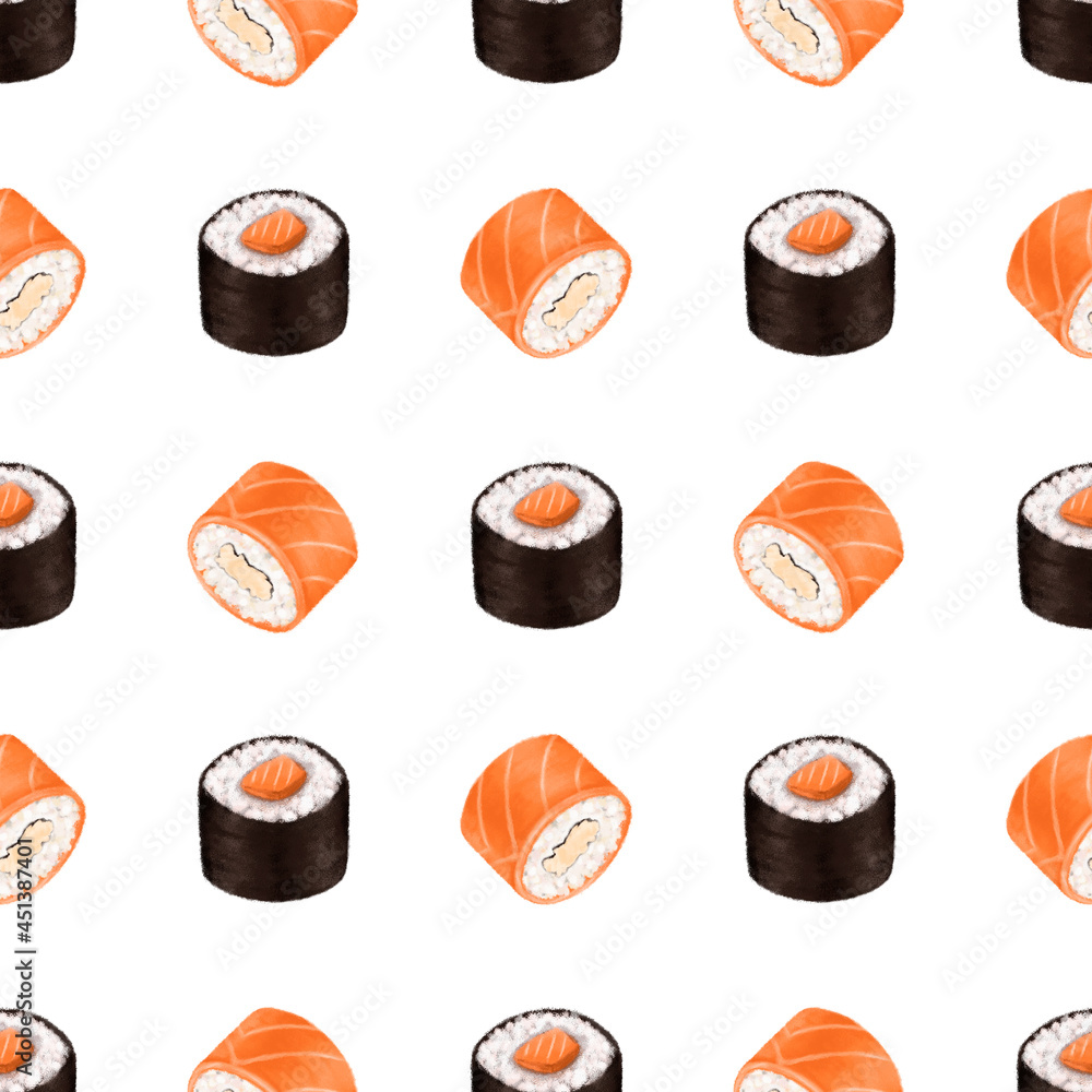 Rolls or sushi seamless pattern on white background. Rice, fish, cheese ...