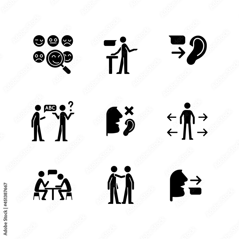 Effective communication black glyph icons set on white space ...