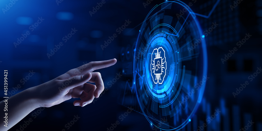 Deep learning artificial intelligence neural network. Hand pressing ...