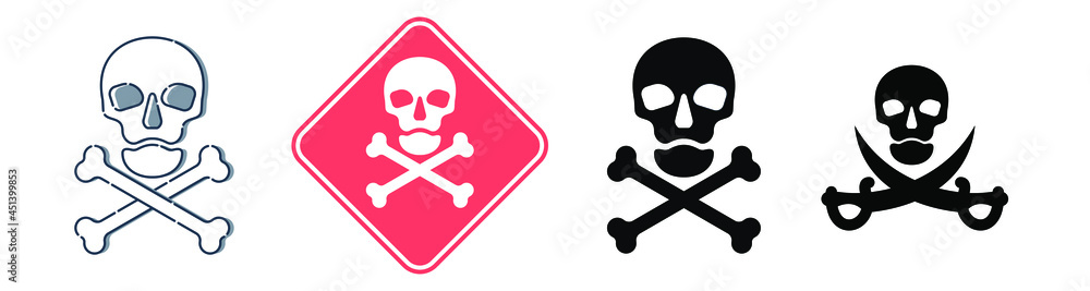 Human skull in full face view and crossbones on white background. Four ...