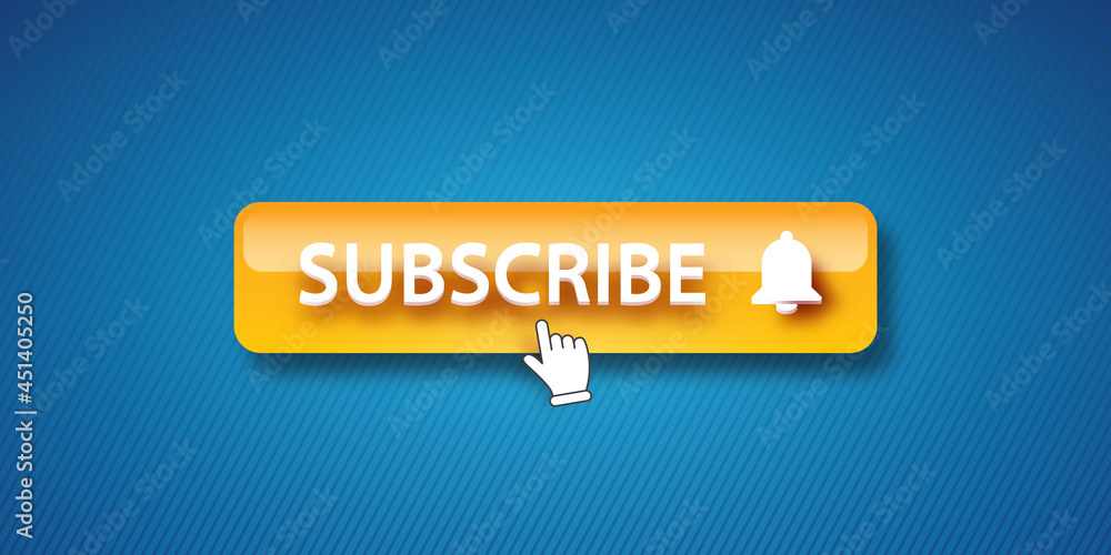 Orange subscribe button with ring bell isolated on blue background ...