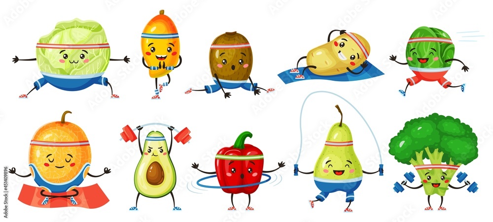 Fruits and vegetables exercising. Melon, kiwi in yoga poses, broccoli ...