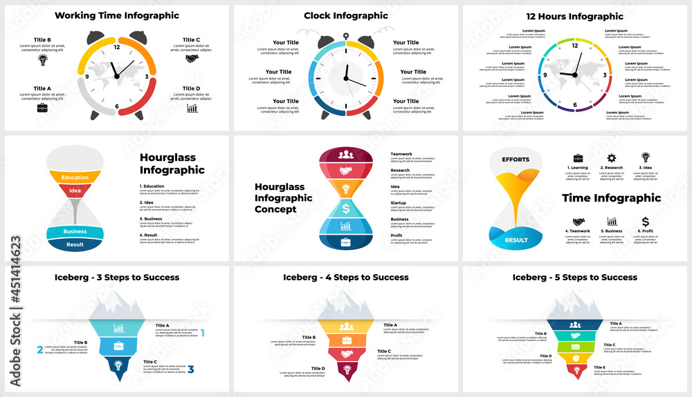 Vector time infographic. Clock circle diagram. Hourglass chart. Iceberg ...
