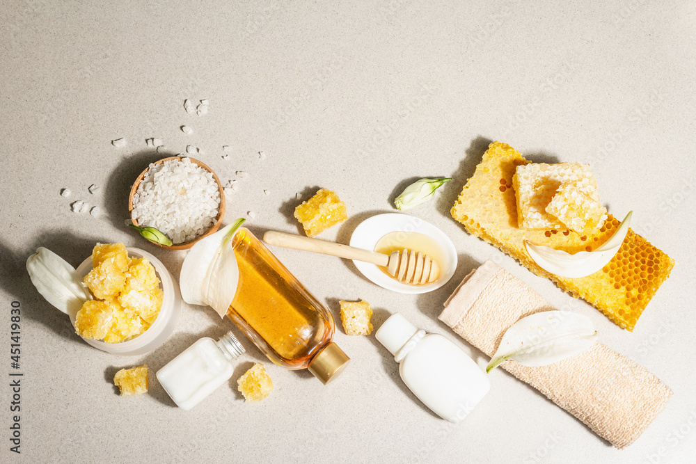 Spa concept. Self care with honey, sea salt, and cream Stock Photo ...