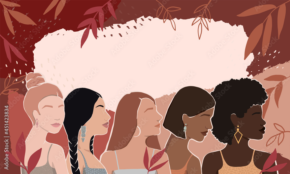 Women of different races together on an abstract autumn background with ...