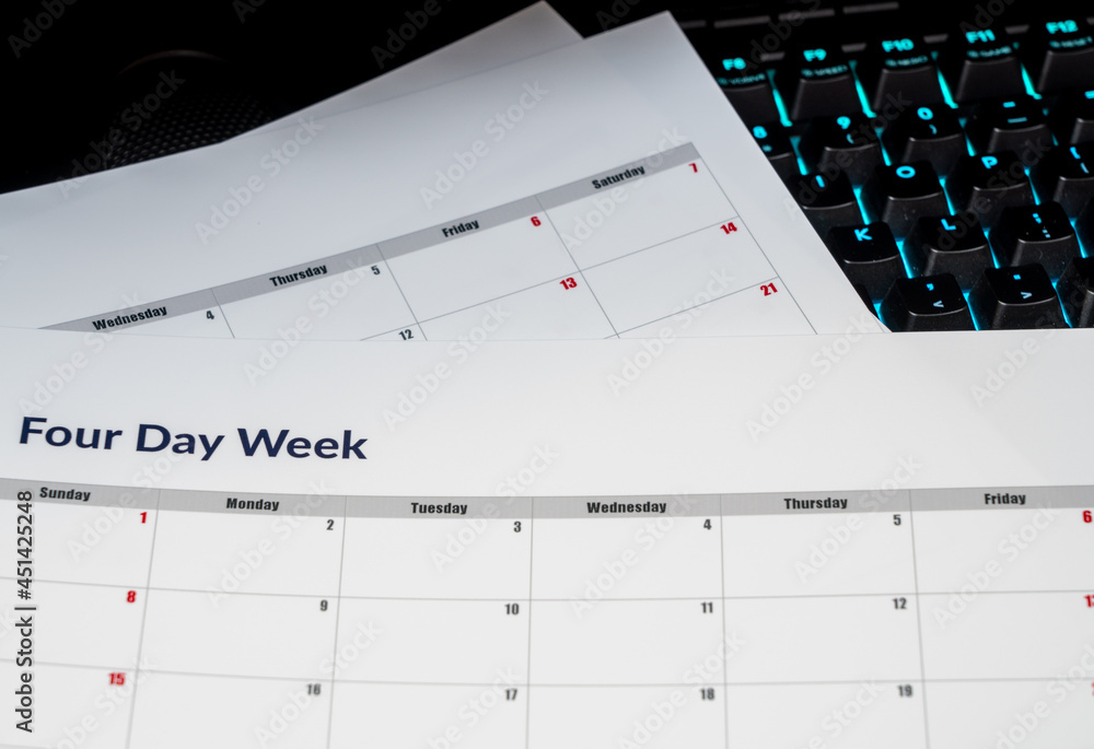 Printed calendar for a 4 day working week showing weekend days in red ...