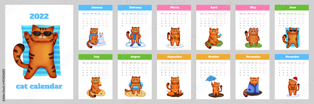 Calendar with a cute ginger cat. Calendar template for the year 2022 ...