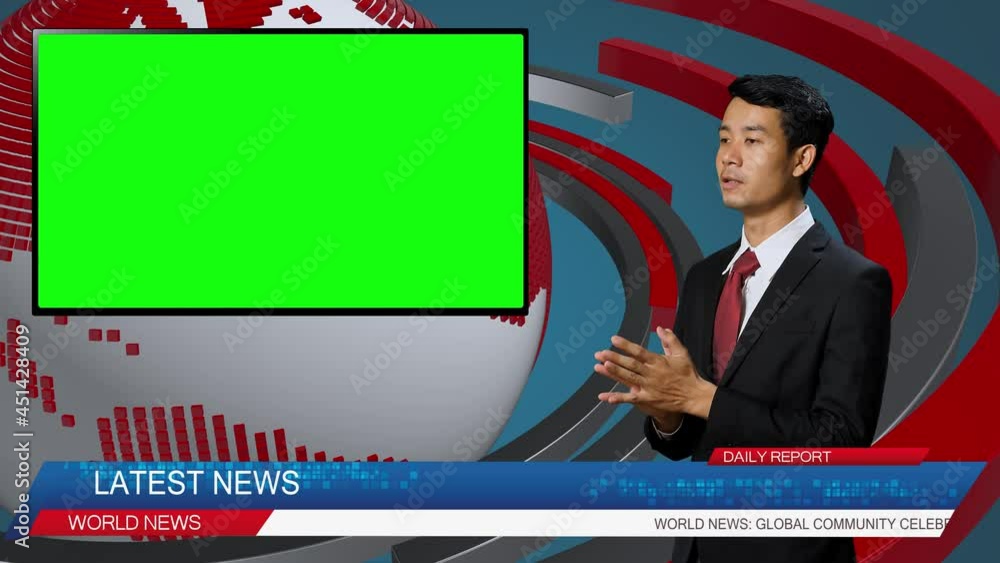 Live News Studio With Sild View Of Asian Male Anchor Reporting On A ...