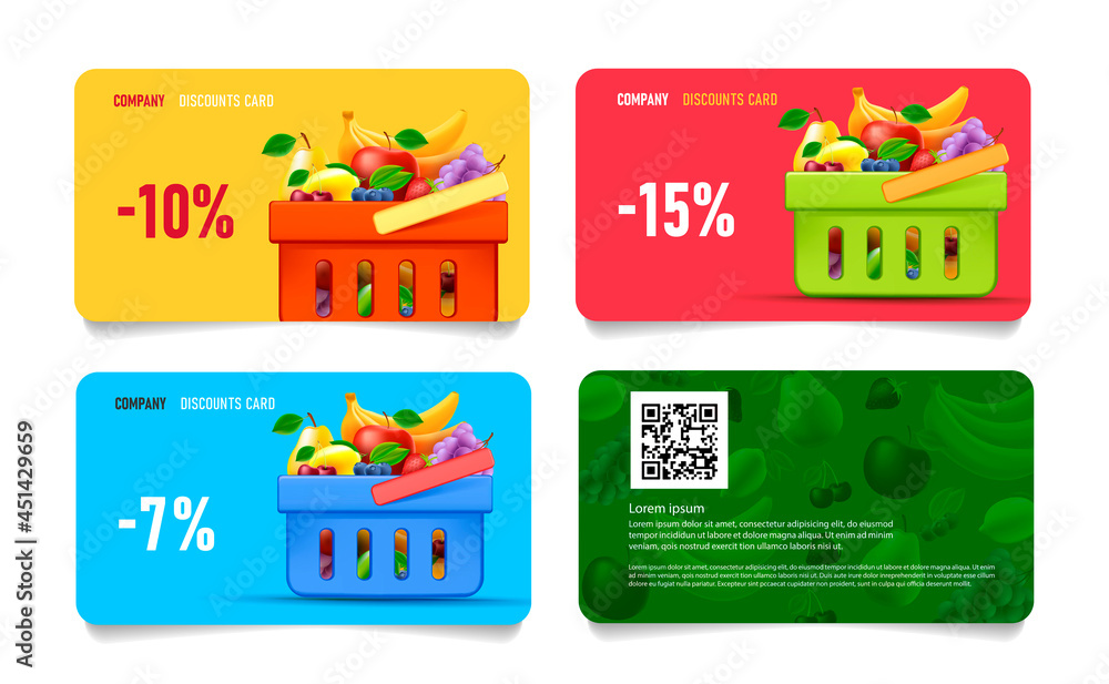 Set of layalty program discount cards for grocery store or supermarket ...
